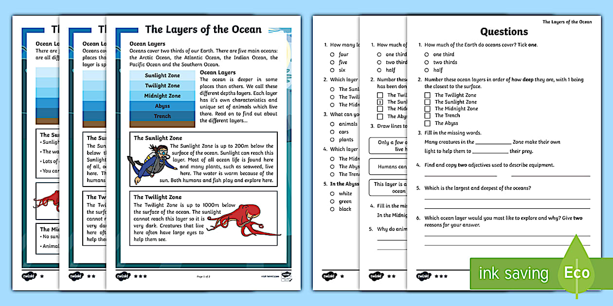 KS1 Layers of the Ocean Differentiated Reading Comprehension Activity