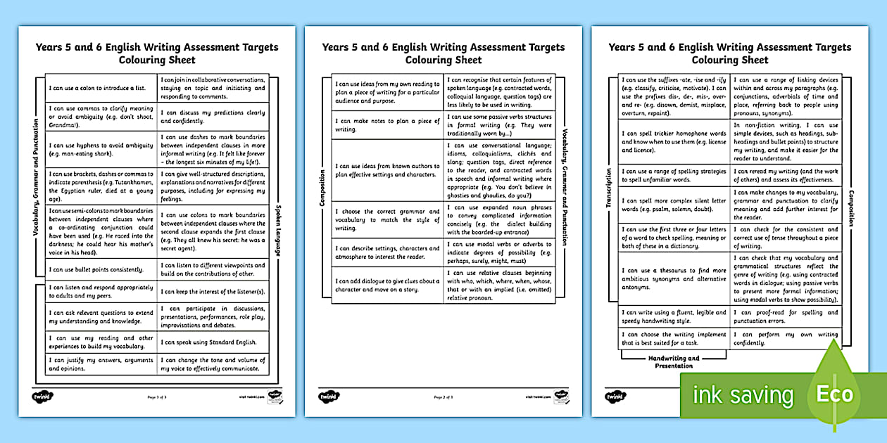 2014 National Curriculum UKS2 Years 5 and 6 Writing Assessment Target Sheet