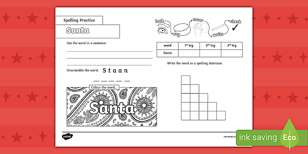 Santa Spelling Practice Worksheet