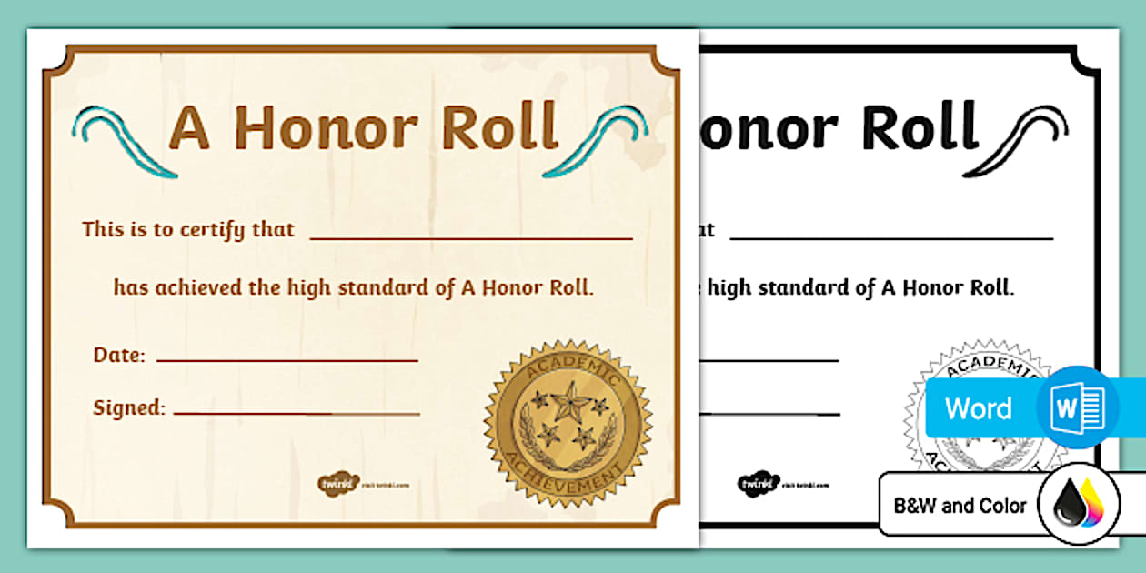 Editable A Honor Roll Certificate (Teacher-Made) - Twinkl