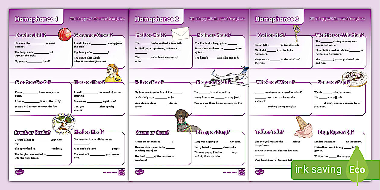 Words that Sound Alike - Homophones Activity Sheets - Twinkl