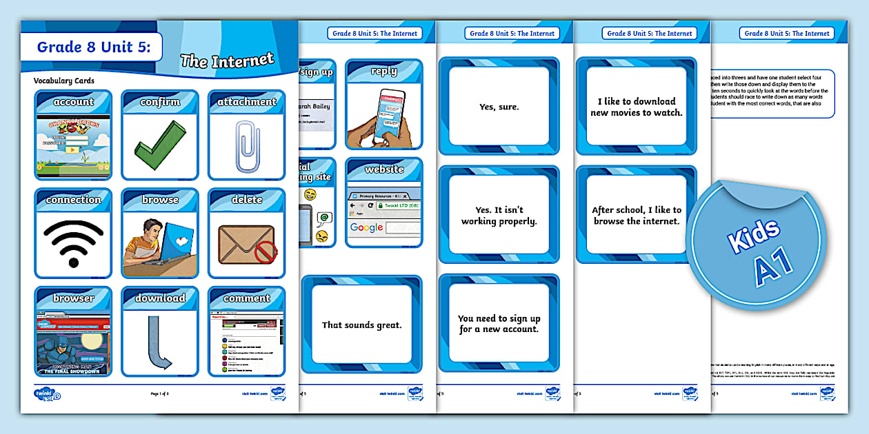Turkey Curriculum English Vocabulary Cards: Grade 8 Unit 5 (The Internet)
