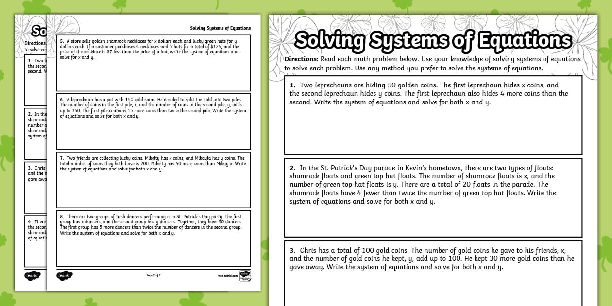 Eighth Grade Solving Systems of Equations St. Patrick’s Day