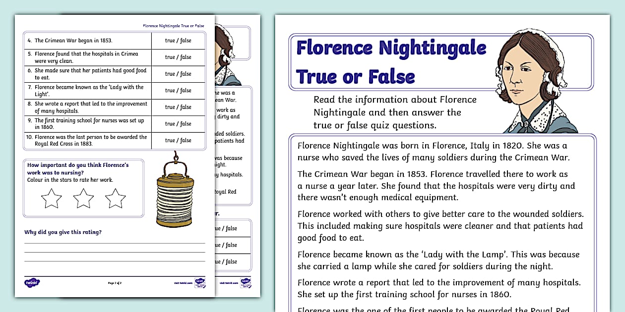 Florence Nightingale True Stories | Twinkl | Activity Sheet