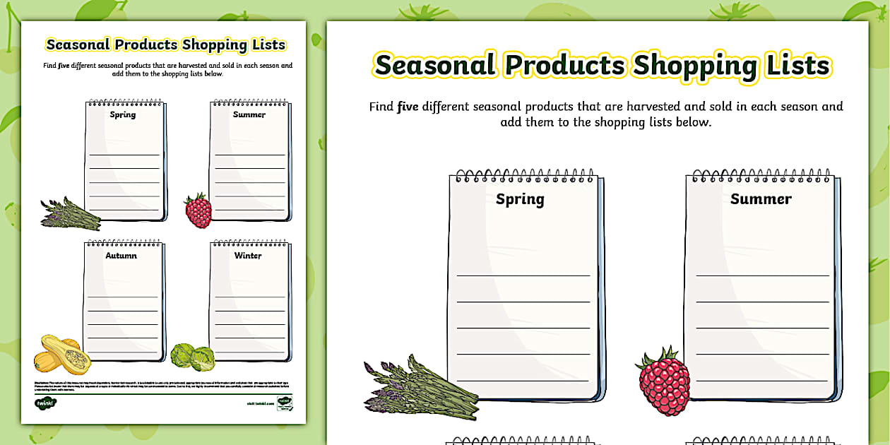 Seasonal Products Shopping Lists Research Activity - Twinkl