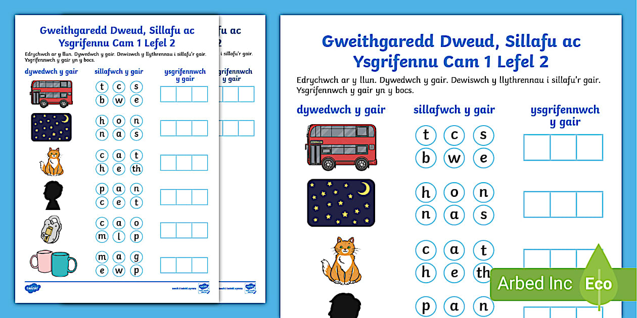 Gweithgaredd Dweud, Sillafu ac Ysgrifennu Cam 1 Lefel 2