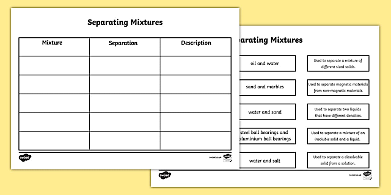 Separating Mixtures Matching Worksheet (teacher made)