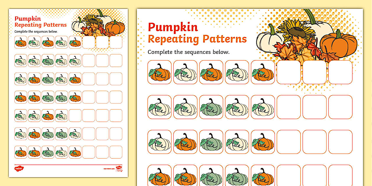👉 Pumpkin Repeating Patterns Worksheet (teacher made)