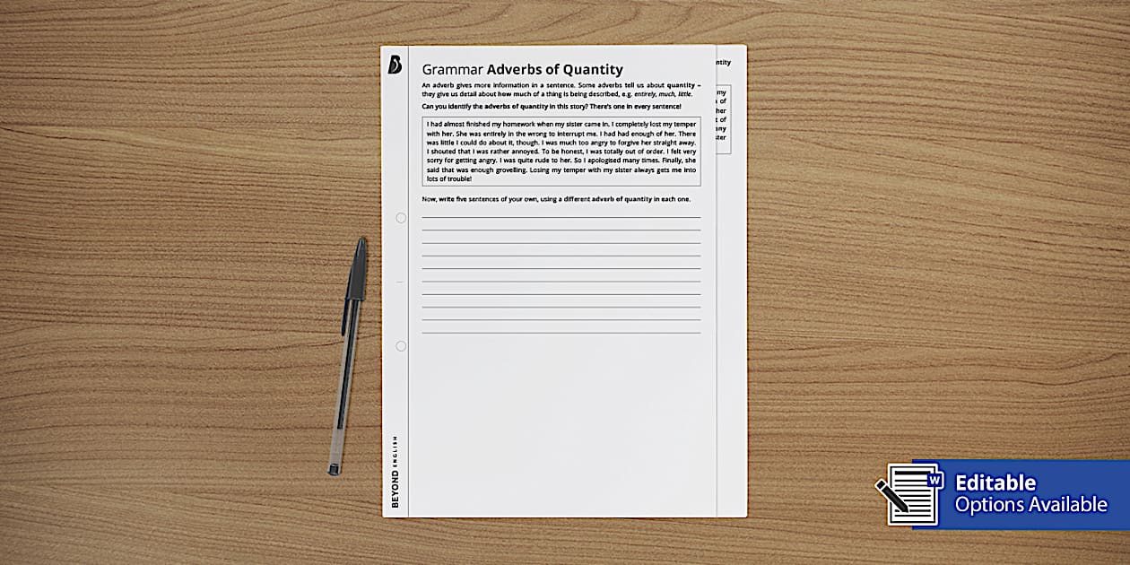 Adverbs of Quantity Worksheet | KS3 SPaG | Beyond English