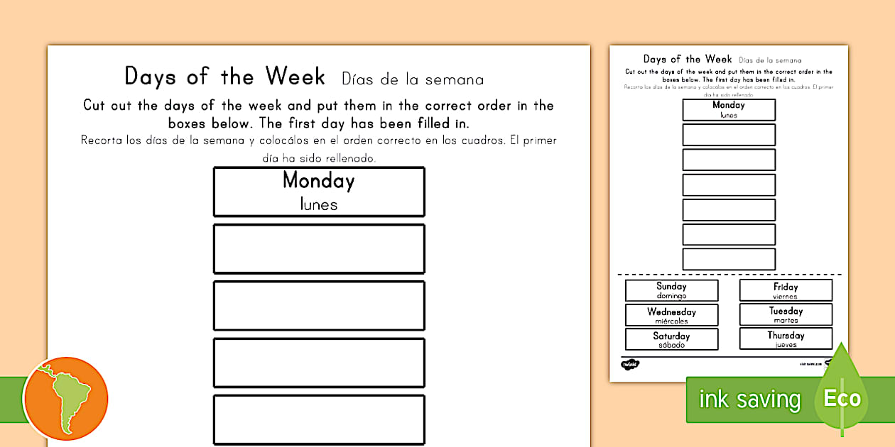 Days of the Week Cut and Stick - English/Spanish - Days of the Week Cut and
