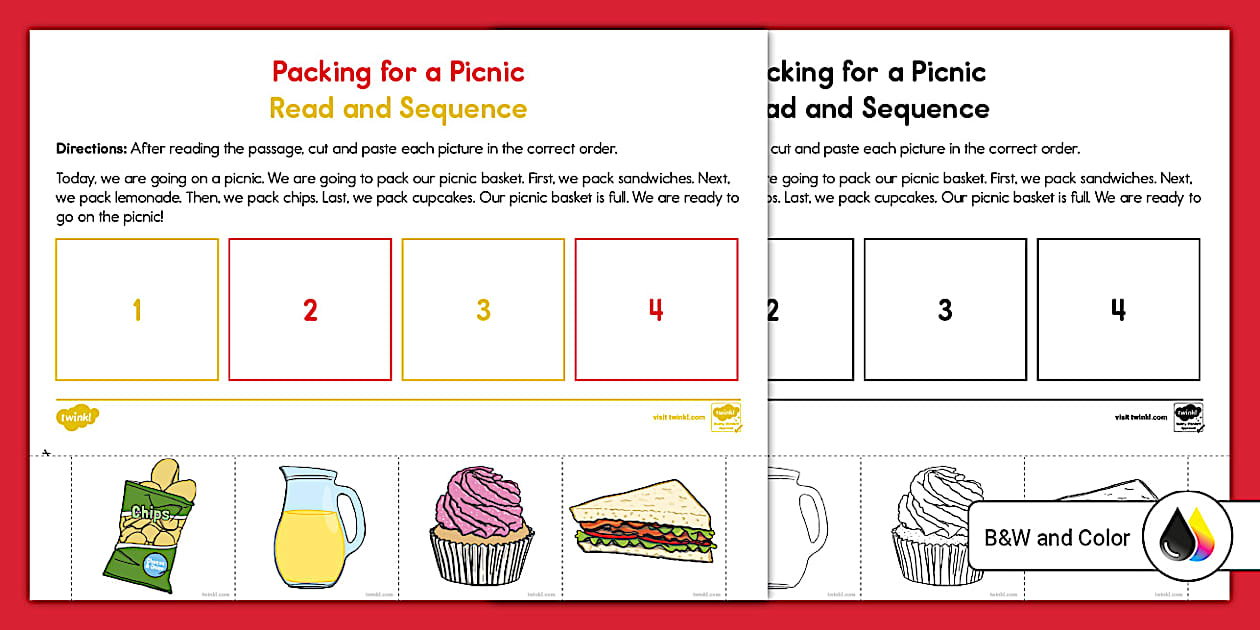 Kindergarten Packing for a Picnic Read and Sequence Worksheet