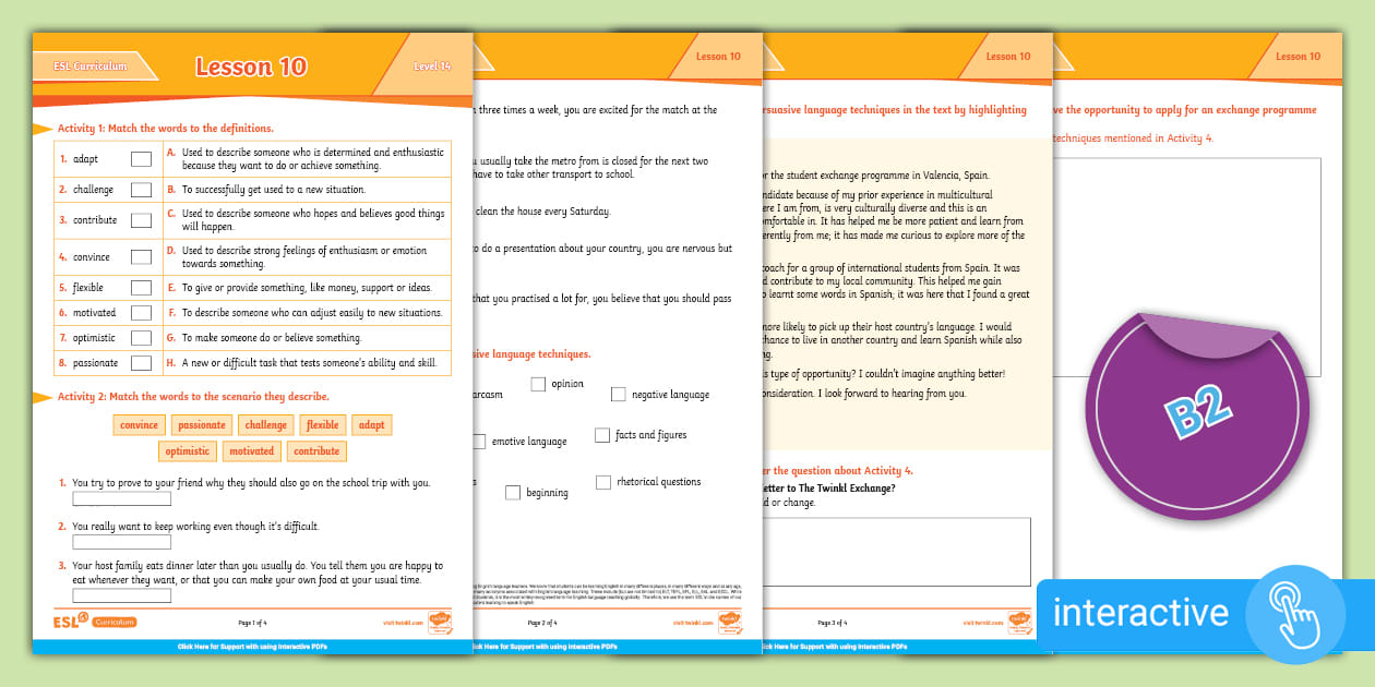 ESL Curriculum Level 14 Lesson 10 Interactive Activity Sheet