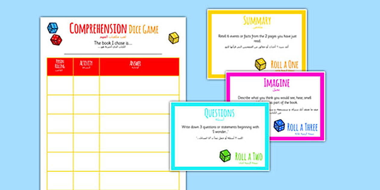 Black and White Reading Comprehension Dice Activity Arabic Translation