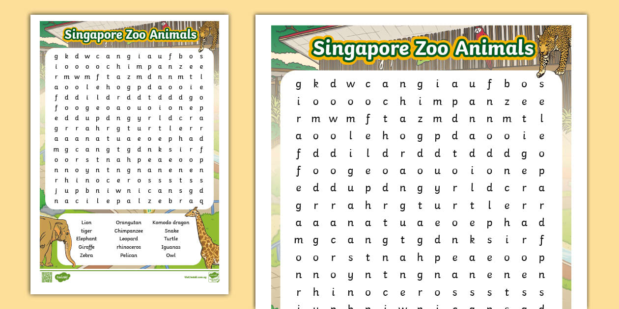 Singapore Zoo Animals Word Search (teacher made) - Twinkl