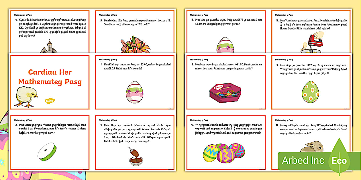 Y Pasg Cardiau Her Mathemateg Blwyddyn 4