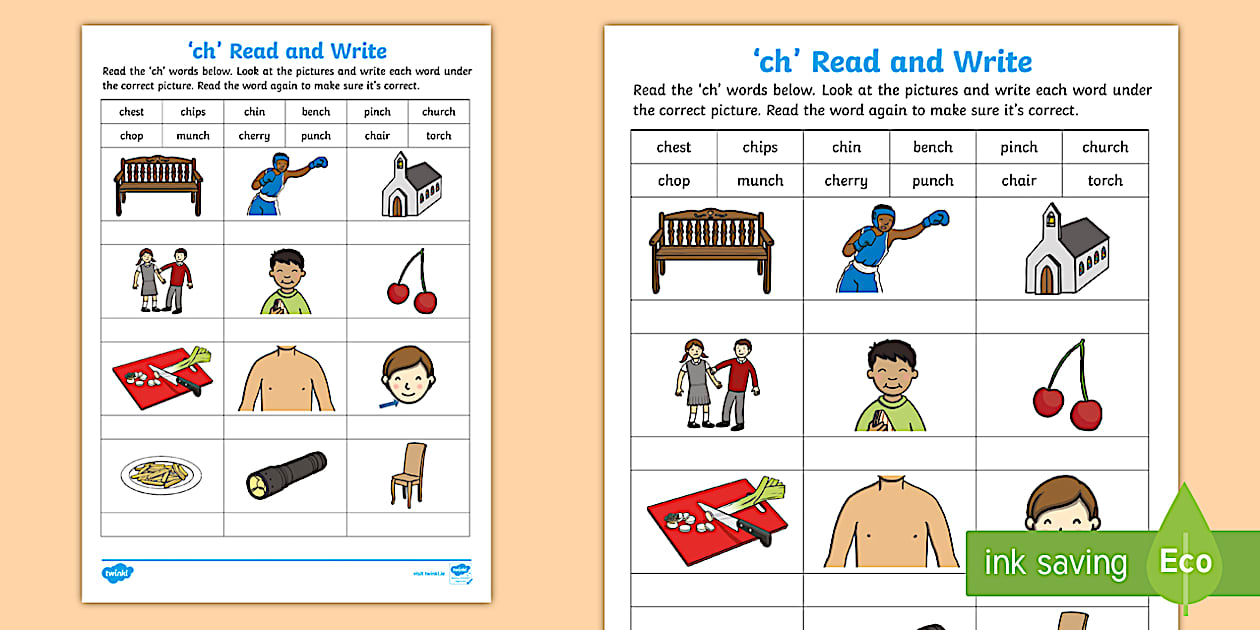 'ch' Read and Write Worksheet (teacher made) - Twinkl