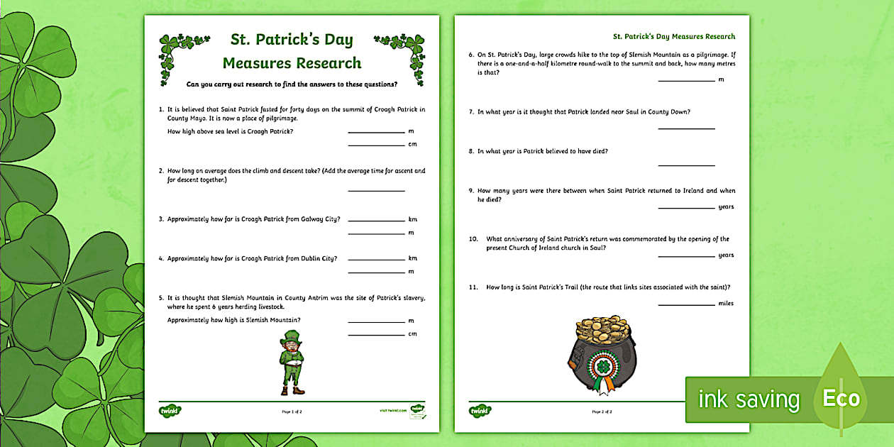 NI St. Patrick's Day Measures Research Worksheet / Worksheet