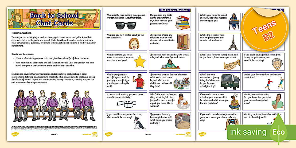 Back to School Chat Cards [Teens, B2] (teacher made)