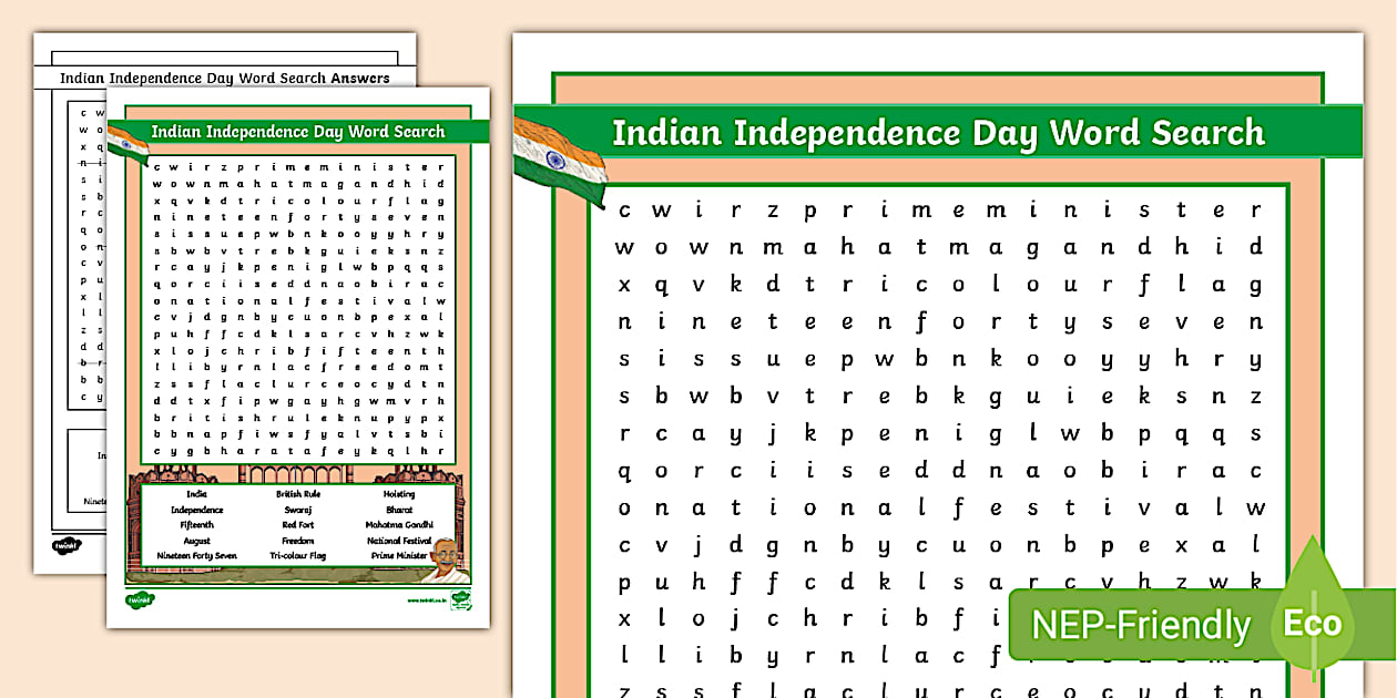 Indian Independence Day Word Search for Kids (teacher made)