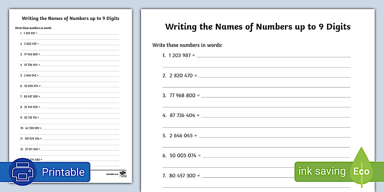 Writing the Names of Numbers up to 9 Digits Activity Sheet