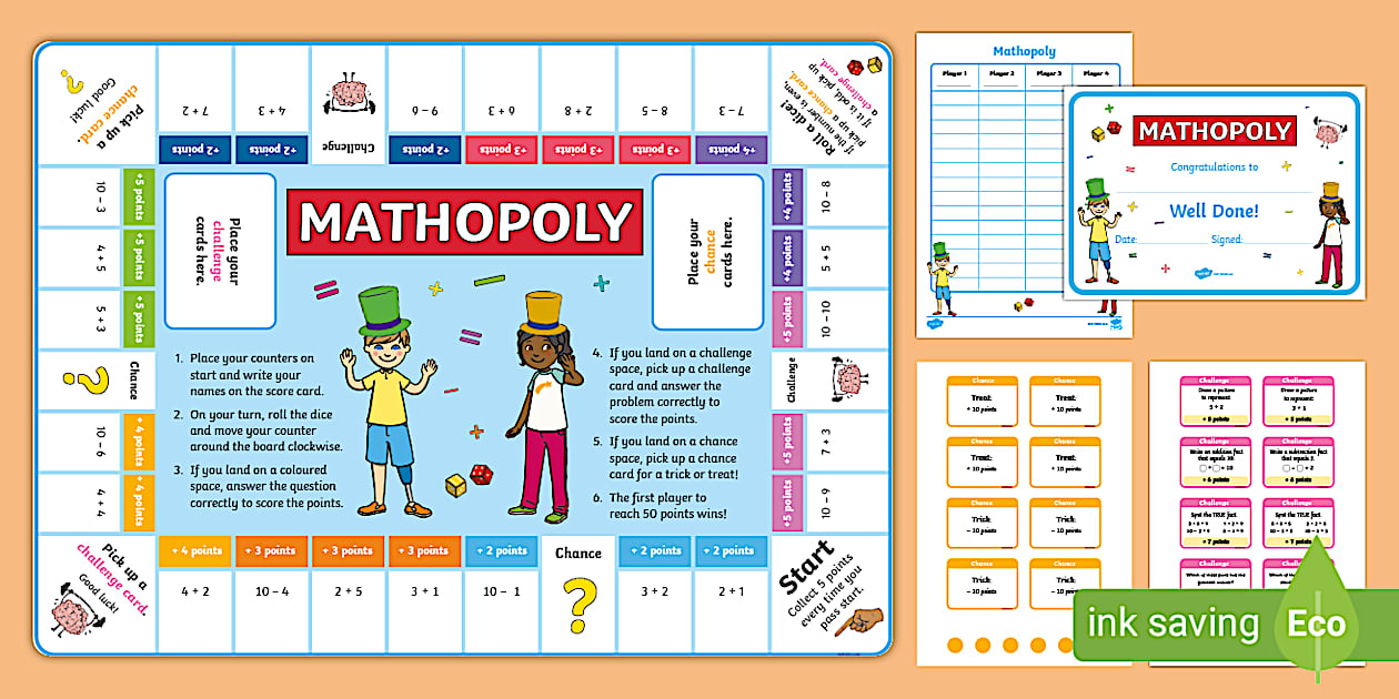 Addition and Subtraction within 10 Mathopoly Board Game