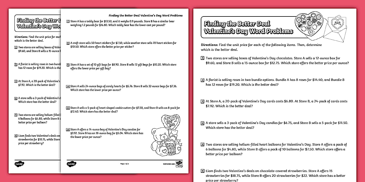 7th Finding the Better Deal Valentine’s Day Word Problems