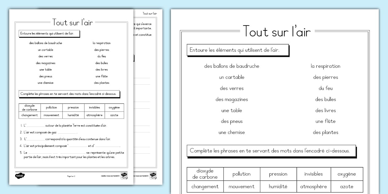 Fiche d'activité : tout sur l'air (teacher made) - Twinkl