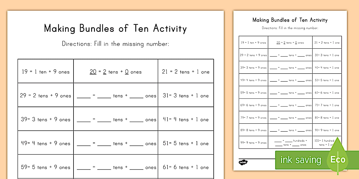 Making Bundles of Tens Worksheet- Ones activities Kindergarten