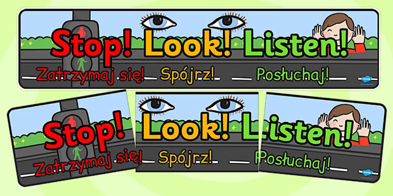 Stop Look Listen Display Banner Polish Translation - Twinkl