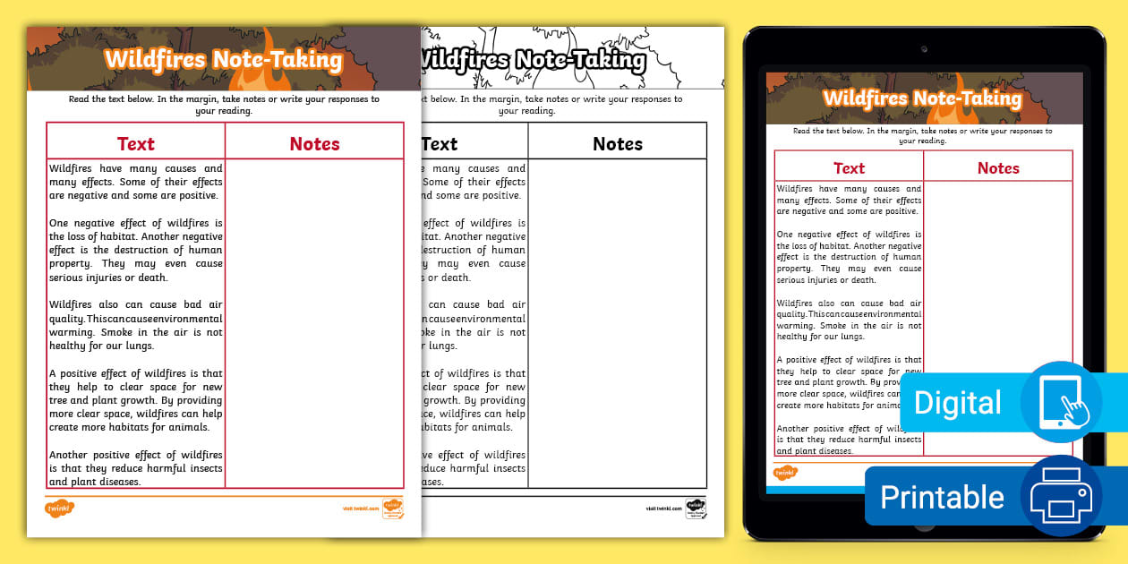 Third Grade Wildfires Reading and Note-Taking Worksheet