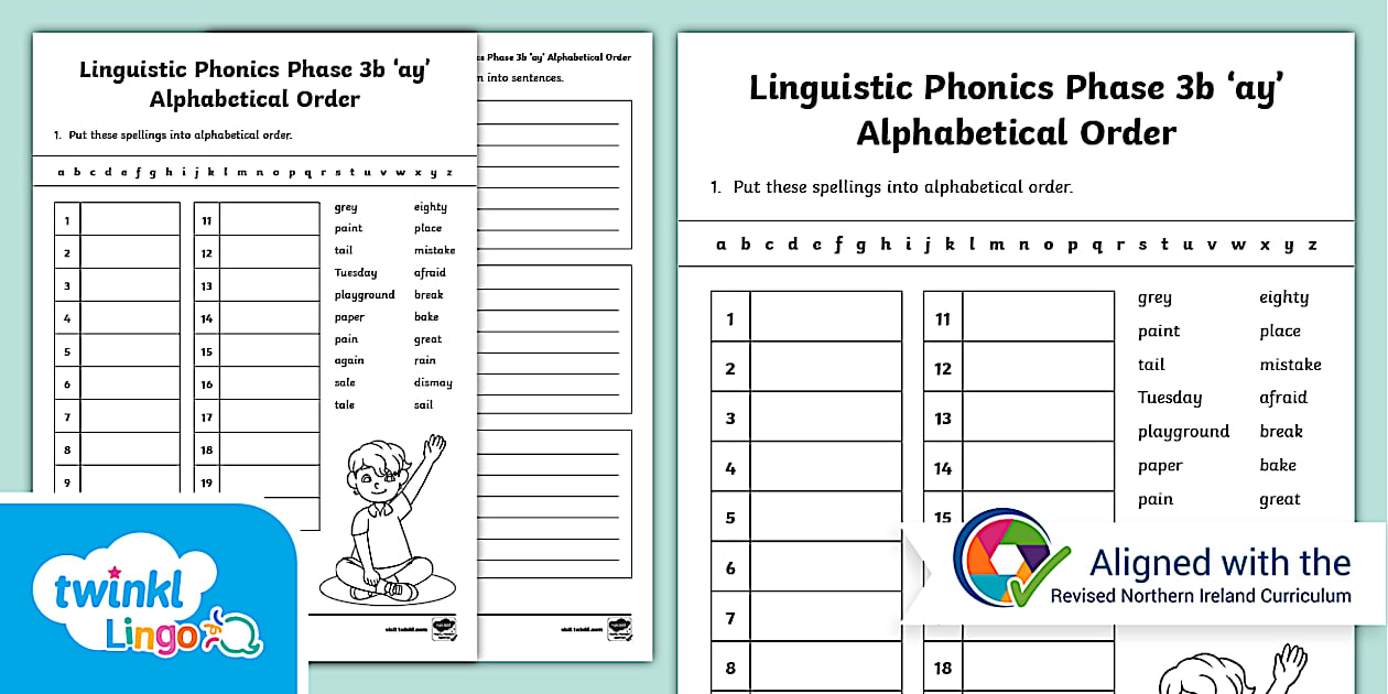 Linguistic Phonics Phase 3b 'ay' Alphabetical Order