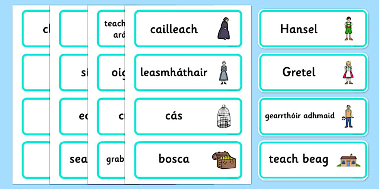 Hansel and Gretel Word Cards Gaeilge (teacher made) - Twinkl