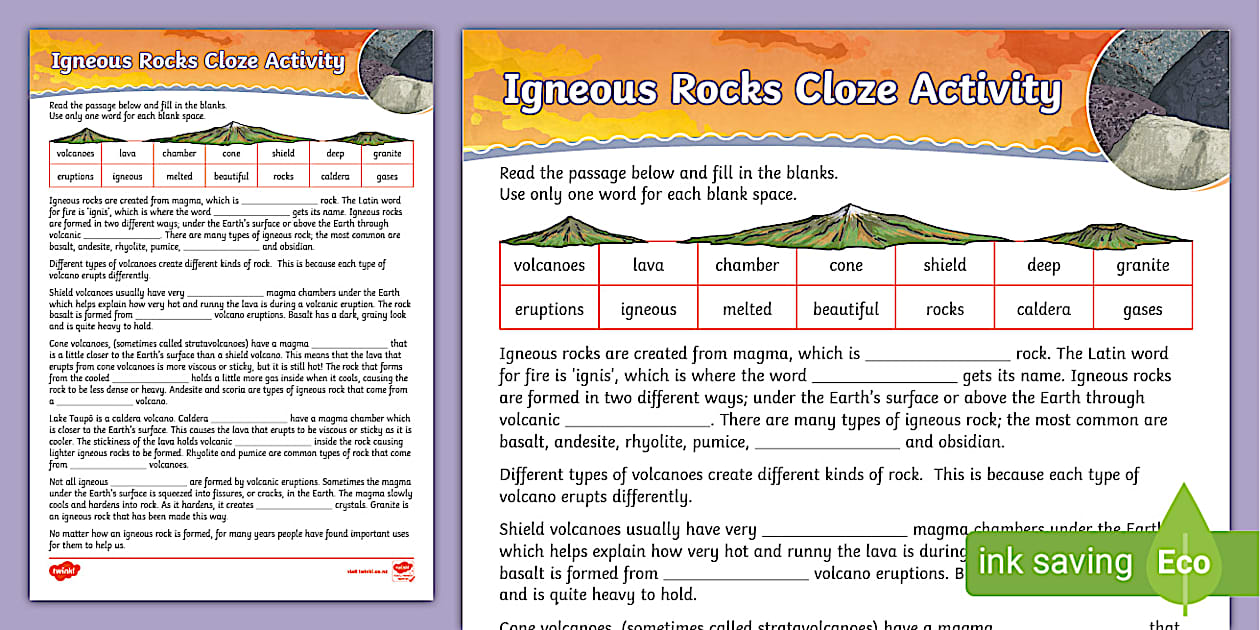 Igneous Rocks Cloze Activity
