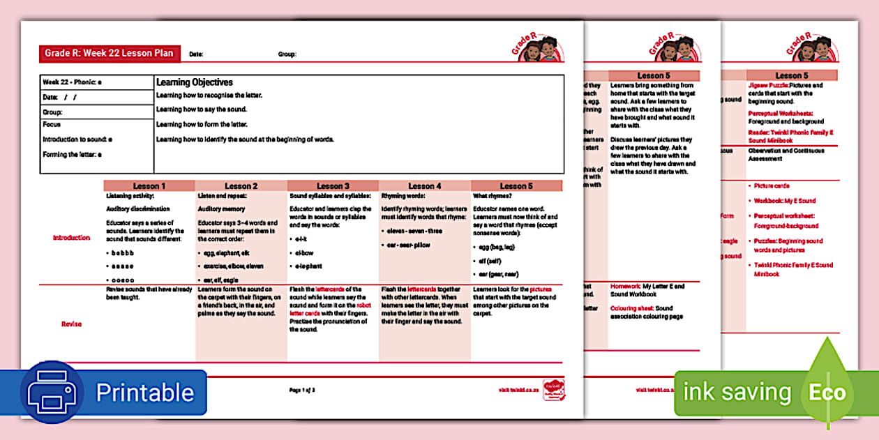 Gr. R Phonics: E Lesson Plan Week 22 (teacher made) - Twinkl