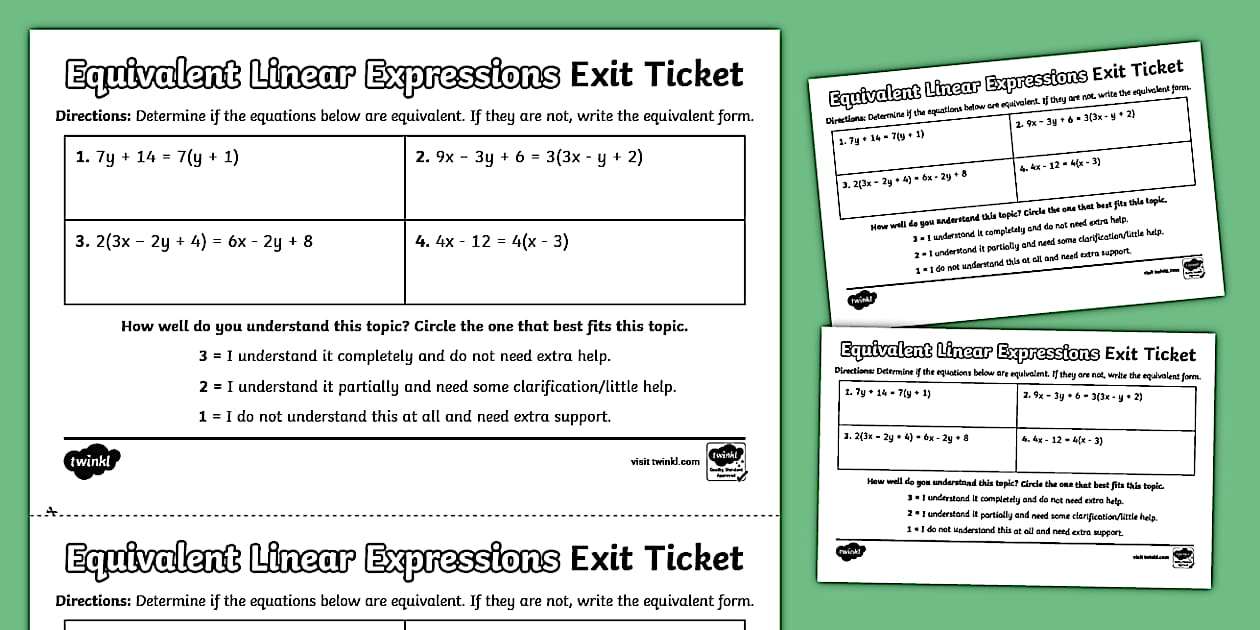 Seventh Grade Equivalent Linear Expressions Exit Ticket