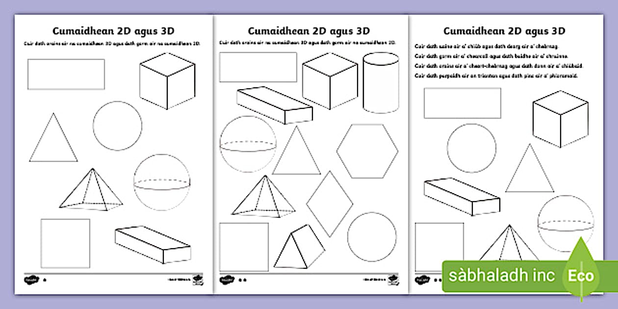Cumaidhean 2D agus 3D – Duilleag-gnìomh Cur Dath Eadar-sgaraichte