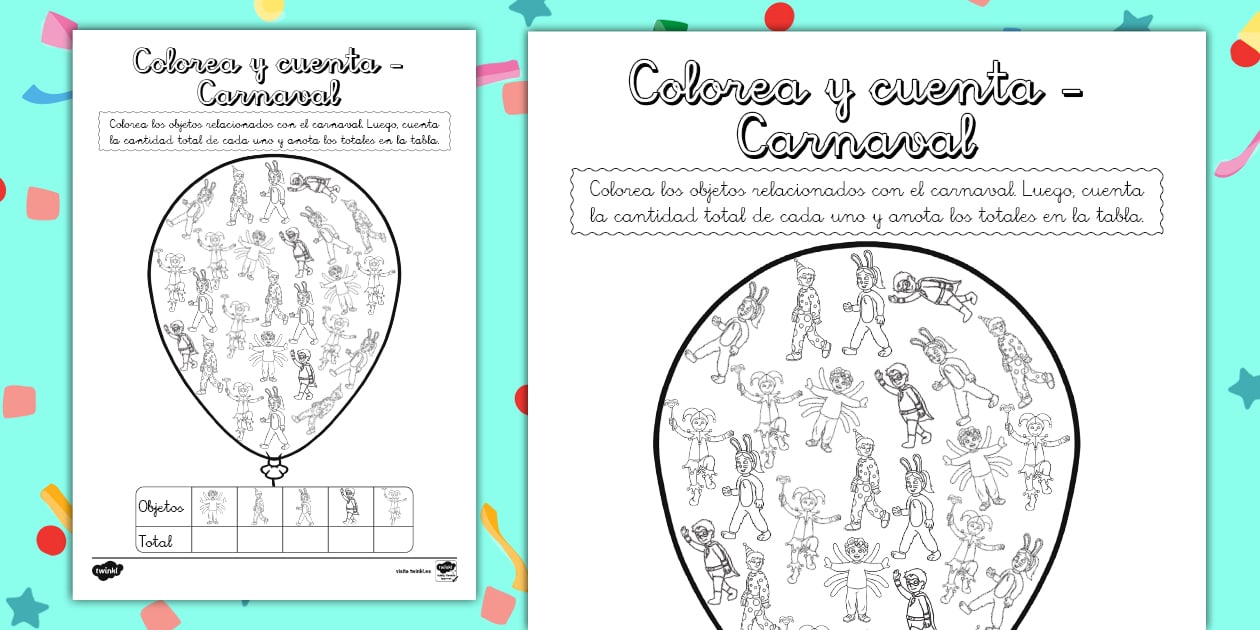 Ficha de actividad: Colorea y cuenta - Carnaval - Twinkl
