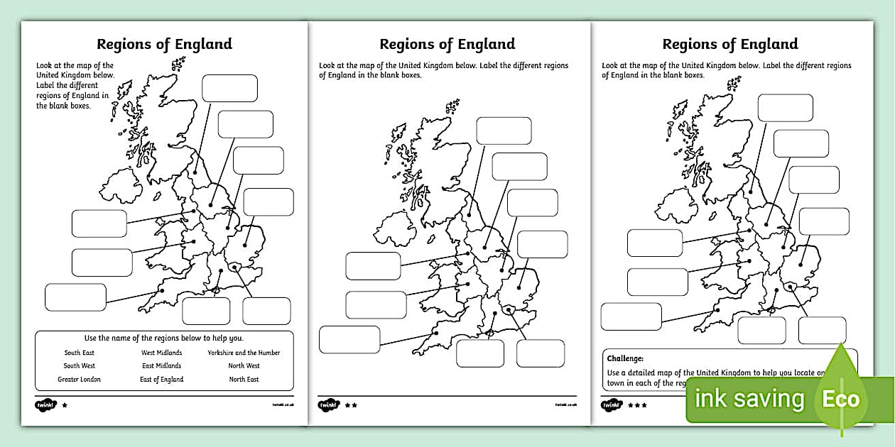 Regions of England Labelling Worksheet - Twinkl