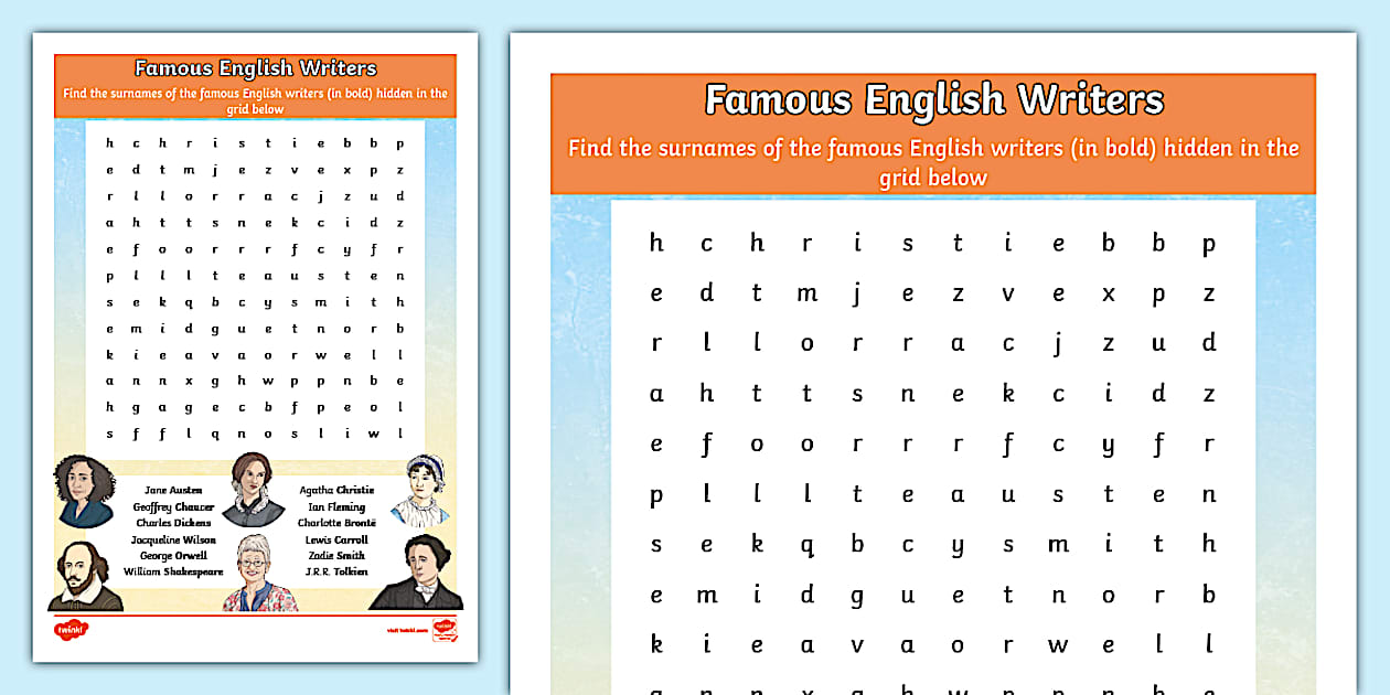 Famous English Writers Word Search