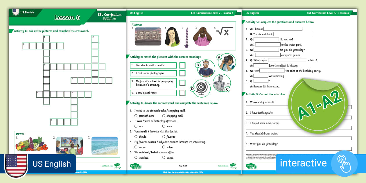 ESL Curriculum US-English Level 4 Lesson 6 Interactive Sheet