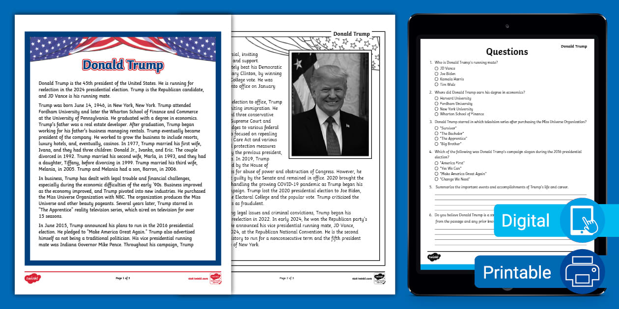 Sixth Grade Donald Trump Reading Comprehension Worksheet
