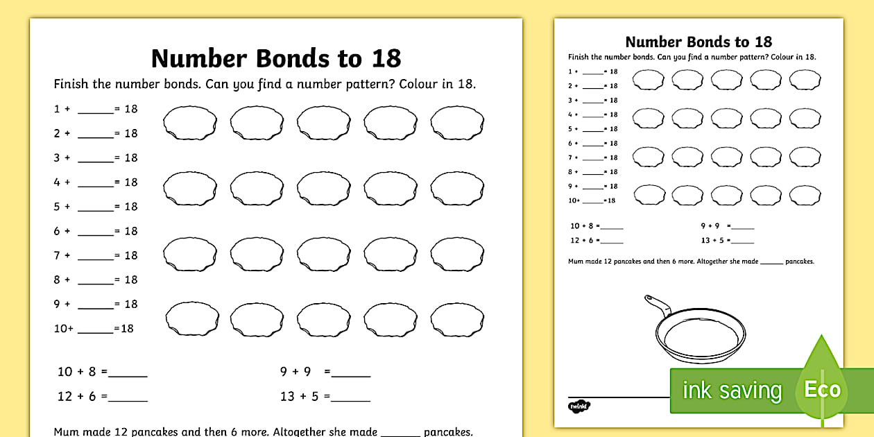 Number Bonds Within 20: Bonds to 18 Worksheet / Worksheet