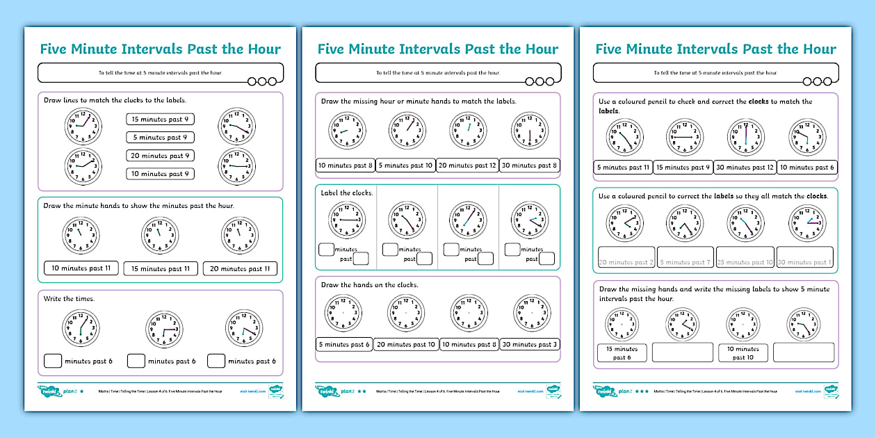 👉 Time Five Minutes Past the Hour Maths Activity Sheets