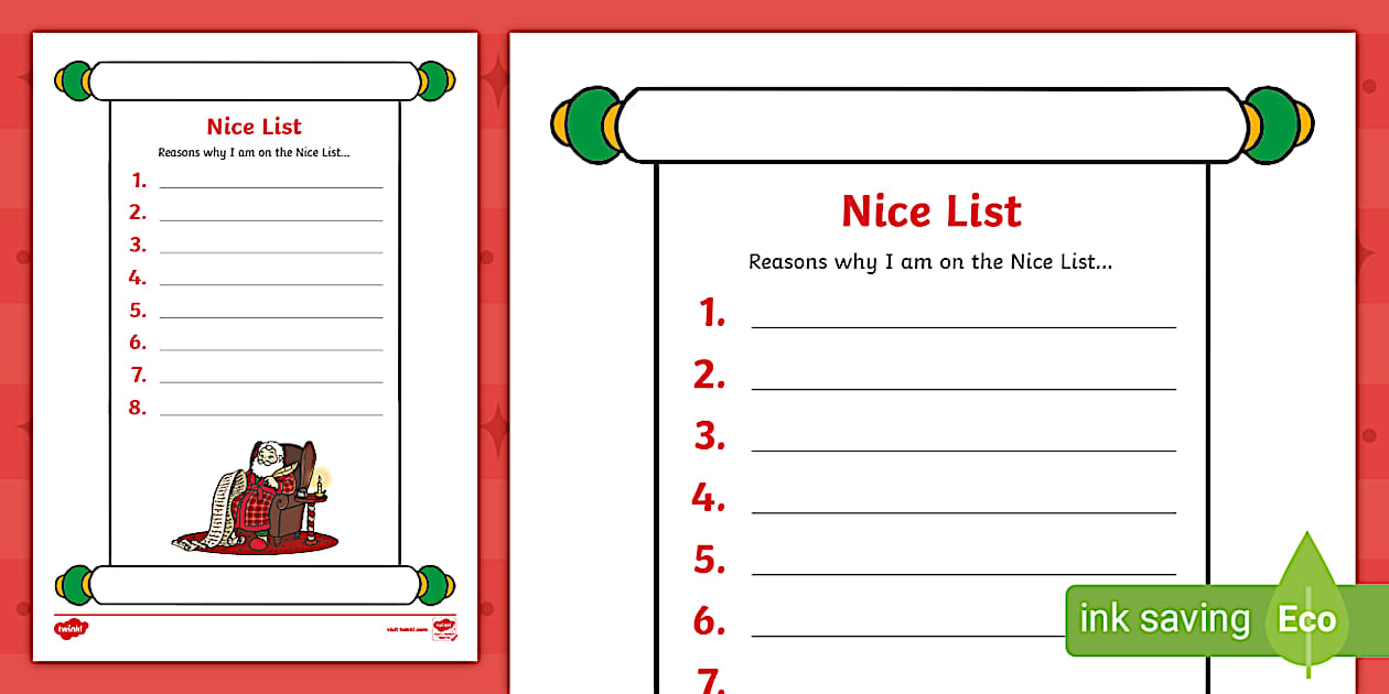 Nice List Writing Activity (Hecho por educadores) - Twinkl