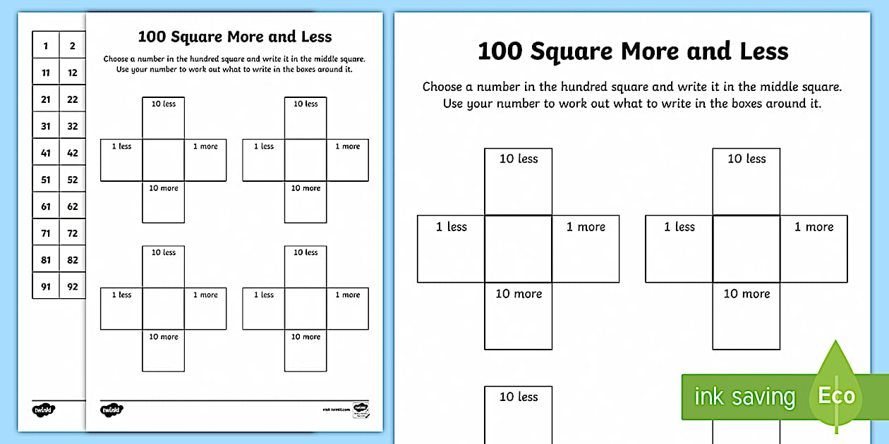 Editable 100 Square More and Less Activity - Twinkl