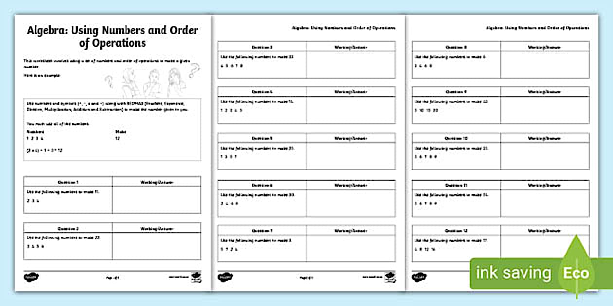 Algebra: Using Numbers and Order of Operations - Twinkl