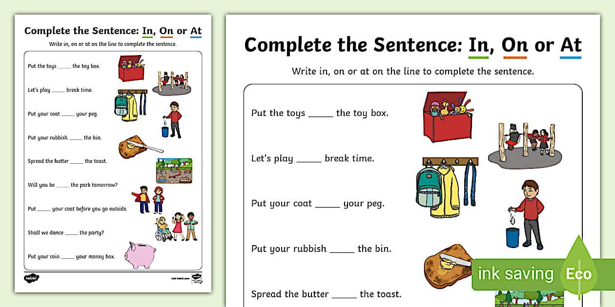 👉 Complete the Sentence: In, On or At Activity Sheet