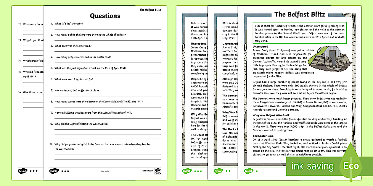 The Belfast Blitz Differentiated Reading Comprehension Activity - World