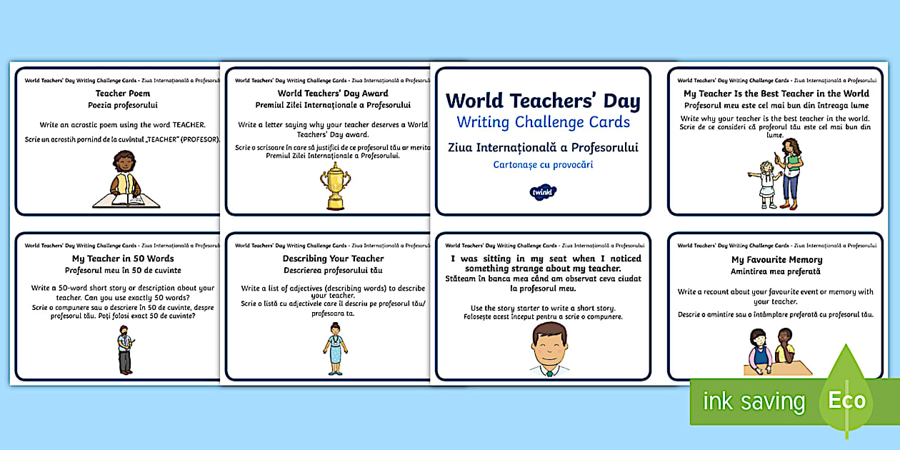 World Teachers' Day Writing Challenge Cards English/Romanian