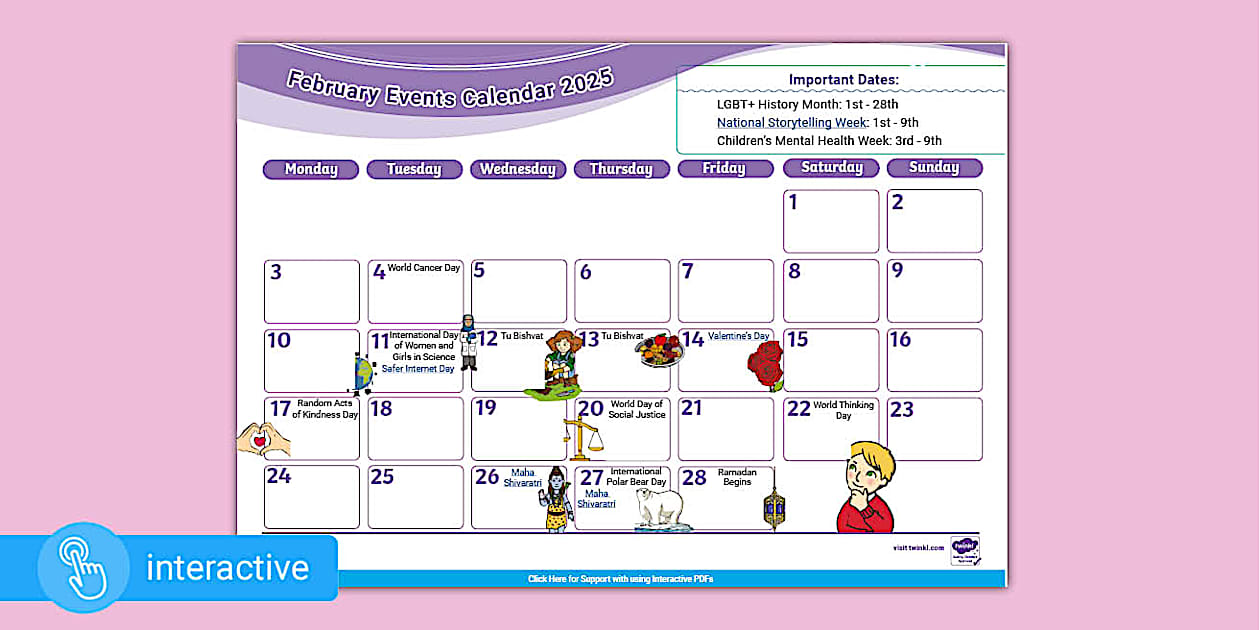 Interactive PDF: Free February Events Early Level Calendar